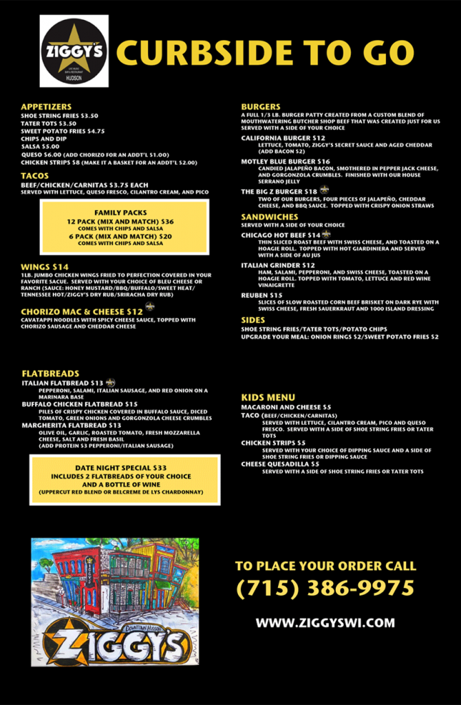 Ziggys Menu | Ziggy's Wisconsin